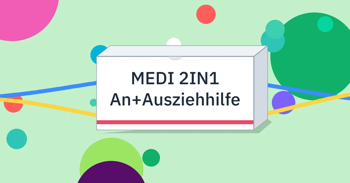 Symbolbild: Packung mit der Aufschrift MEDI 2IN1 An+Ausziehhilfe (PZN 06404626) – Verfügbarkeit und Bezug in Apotheken in Frankfurt am Main