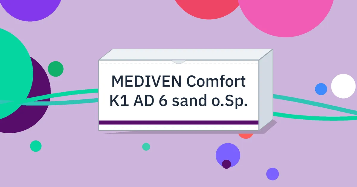 Symbolbild: Packung mit der Aufschrift MEDIVEN Comfort K1 AD 6 sand o.Sp. (PZN 19005721) – Verfügbarkeit und Bezug in Apotheken in Frankfurt am Main