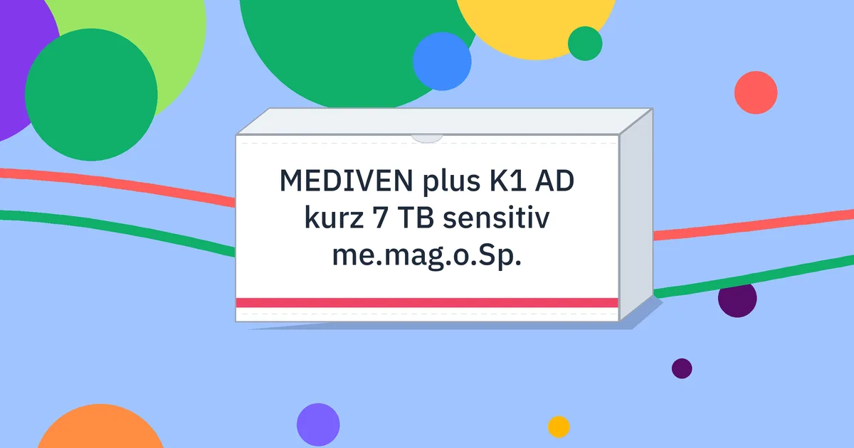 Symbolbild: Packung mit der Aufschrift MEDIVEN plus K1 AD kurz 7 TB sensitiv me.mag.o.Sp. (PZN 15053692) – Verfügbarkeit und Bezug in Apotheken in Frankfurt am Main