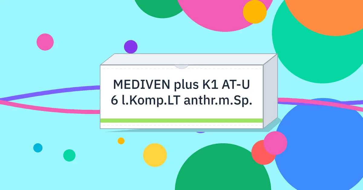 Symbolbild: Packung mit der Aufschrift MEDIVEN plus K1 AT-U 6 l.Komp.LT anthr.m.Sp. (PZN 15032833) – Verfügbarkeit und Bezug in Apotheken in Frankfurt am Main