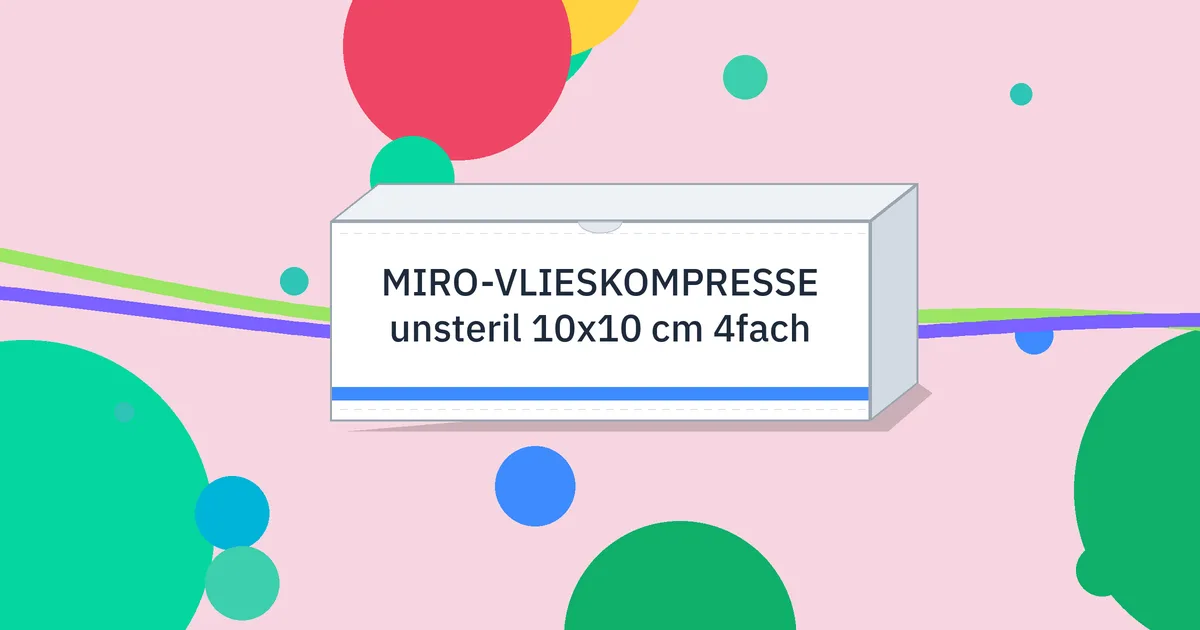 Symbolbild: Packung mit der Aufschrift MIRO-VLIESKOMPRESSE unsteril 10x10 cm 4fach (PZN 20899818) – Verfügbarkeit und Bezug in Apotheken in Frankfurt am Main