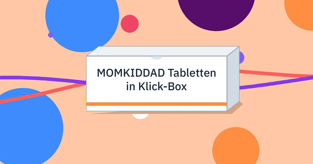 Symbolbild: Packung mit der Aufschrift MOMKIDDAD Tabletten in Klick-Box (PZN 17583603) – Verfügbarkeit und Bezug in Apotheken in Frankfurt am Main