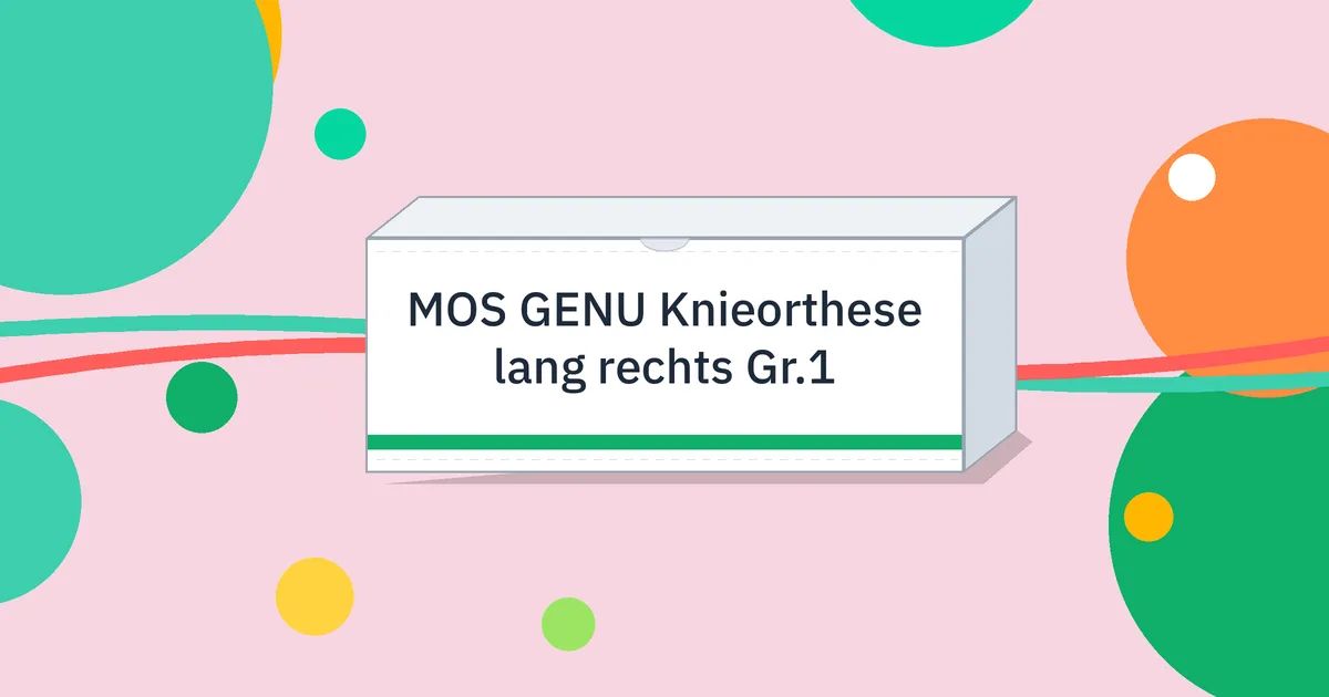 Symbolbild: Packung mit der Aufschrift MOS GENU Knieorthese lang rechts Gr.1 (PZN 03142083) – Verfügbarkeit und Bezug in Apotheken in Frankfurt am Main