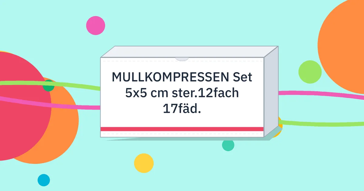 Symbolbild: Packung mit der Aufschrift MULLKOMPRESSEN Set 5x5 cm ster.12fach 17fäd. (PZN 06929978) – Verfügbarkeit und Bezug in Apotheken in Frankfurt am Main