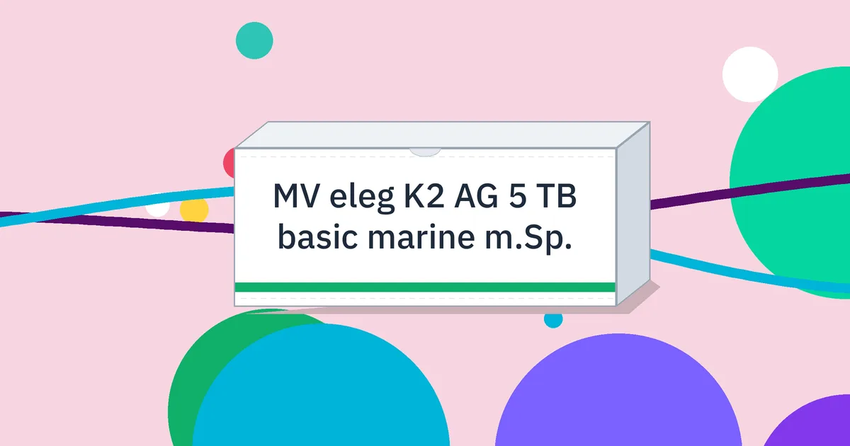 Symbolbild: Packung mit der Aufschrift MV eleg K2 AG 5 TB basic marine m.Sp. (PZN 14613580) – Verfügbarkeit und Bezug in Apotheken in Frankfurt am Main
