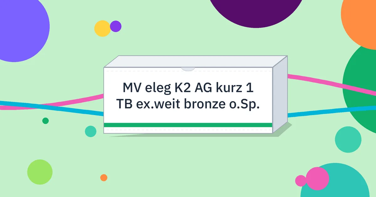 Symbolbild: Packung mit der Aufschrift MV eleg K2 AG kurz 1 TB ex.weit bronze o.Sp. (PZN 14716920) – Verfügbarkeit und Bezug in Apotheken in Frankfurt am Main