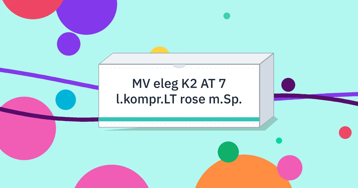 Symbolbild: Packung mit der Aufschrift MV eleg K2 AT 7 l.kompr.LT rose m.Sp. (PZN 15286195) – Verfügbarkeit und Bezug in Apotheken in Frankfurt am Main