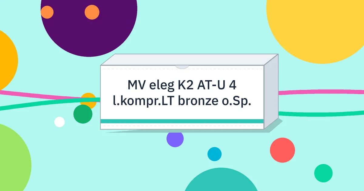 Symbolbild: Packung mit der Aufschrift MV eleg K2 AT-U 4 l.kompr.LT bronze o.Sp. (PZN 15289408) – Verfügbarkeit und Bezug in Apotheken in Frankfurt am Main