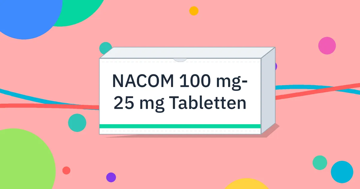 Symbolbild: Packung mit der Aufschrift NACOM 100 mg-25 mg Tabletten (PZN 06161164) – Verfügbarkeit und Bezug in Apotheken in Frankfurt am Main