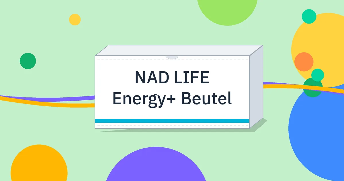 Symbolbild: Packung mit der Aufschrift NAD LIFE Energy+ Beutel (PZN 19063090) – Verfügbarkeit und Bezug in Apotheken in Frankfurt am Main
