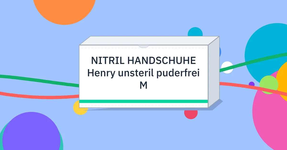 Symbolbild: Packung mit der Aufschrift NITRIL HANDSCHUHE Henry unsteril puderfrei M (PZN 19765320) – Verfügbarkeit und Bezug in Apotheken in Frankfurt am Main