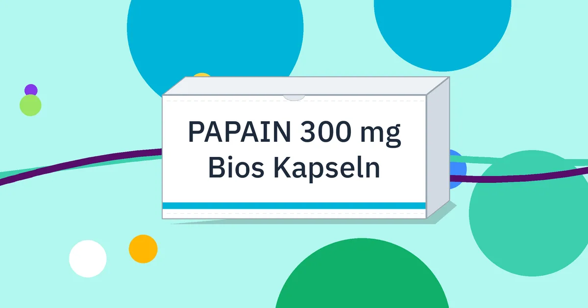 Symbolbild: Packung mit der Aufschrift PAPAIN 300 mg Bios Kapseln (PZN 03487451) – Verfügbarkeit und Bezug in Apotheken in Frankfurt am Main