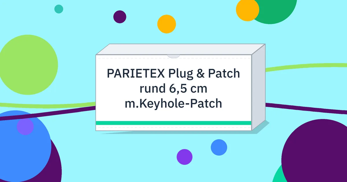 Symbolbild: Packung mit der Aufschrift PARIETEX Plug & Patch rund 6,5 cm m.Keyhole-Patch (PZN 18258590) – Verfügbarkeit und Bezug in Apotheken in Frankfurt am Main