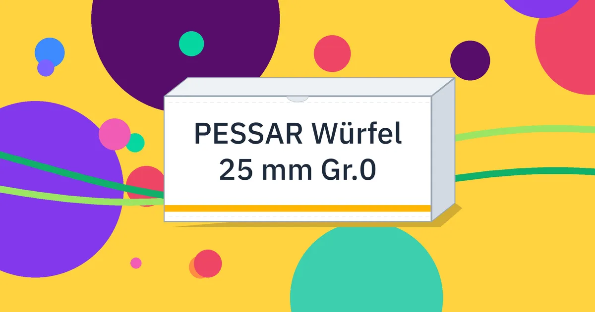 Symbolbild: Packung mit der Aufschrift PESSAR Würfel 25 mm Gr.0 (PZN 02443003) – Verfügbarkeit und Bezug in Apotheken in Frankfurt am Main