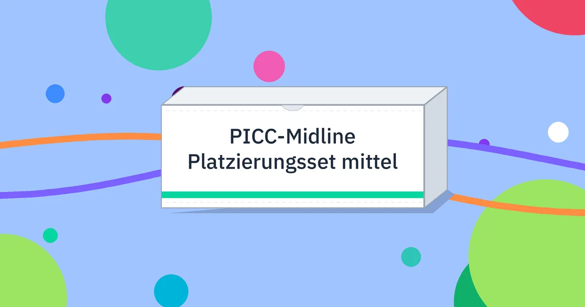 Symbolbild: Packung mit der Aufschrift PICC-Midline Platzierungsset mittel (PZN 16615577) – Verfügbarkeit und Bezug in Apotheken in Frankfurt am Main