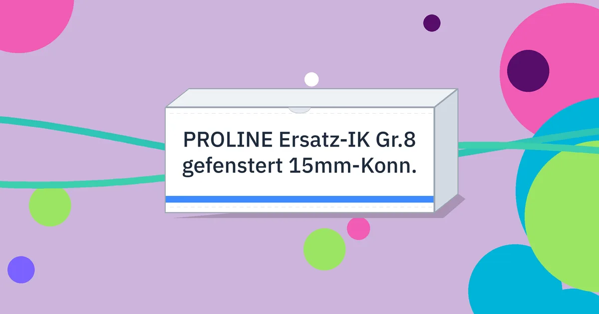 Symbolbild: Packung mit der Aufschrift PROLINE Ersatz-IK Gr.8 gefenstert 15mm-Konn. (PZN 16224173) – Verfügbarkeit und Bezug in Apotheken in Frankfurt am Main