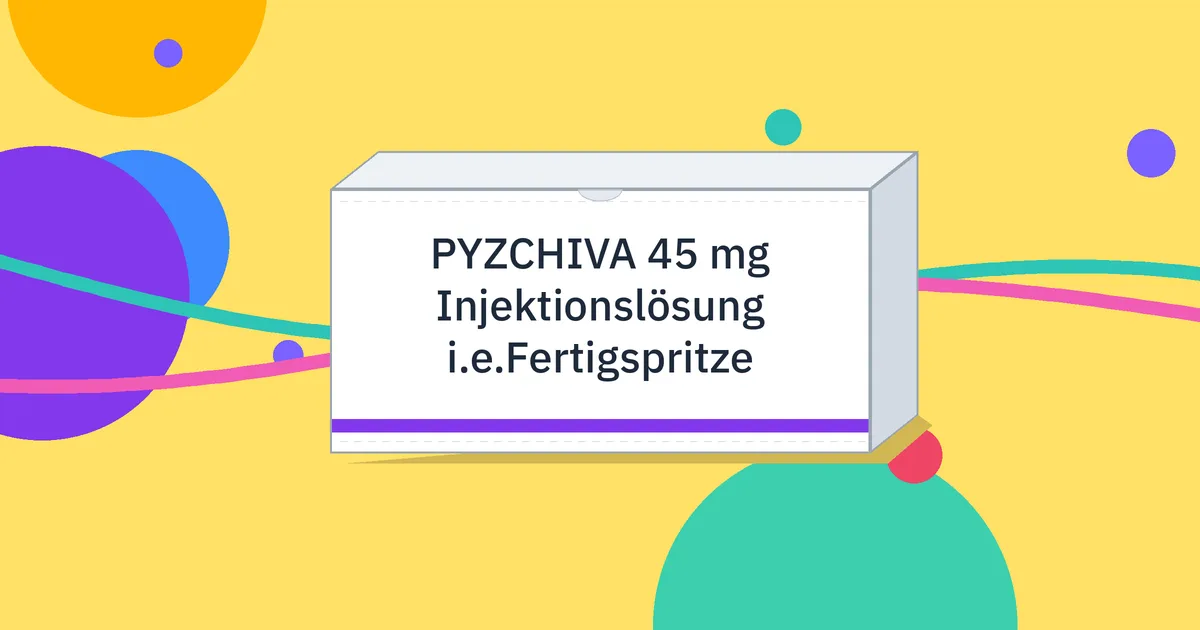 Symbolbild: Packung mit der Aufschrift PYZCHIVA 45 mg Injektionslösung i.e.Fertigspritze (PZN 19670826) – Verfügbarkeit und Bezug in Apotheken in Frankfurt am Main