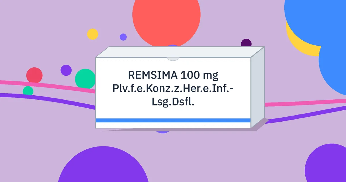 Symbolbild: Packung mit der Aufschrift REMSIMA 100 mg Plv.f.e.Konz.z.Her.e.Inf.-Lsg.Dsfl. (PZN 11144334) – Verfügbarkeit und Bezug in Apotheken in Frankfurt am Main
