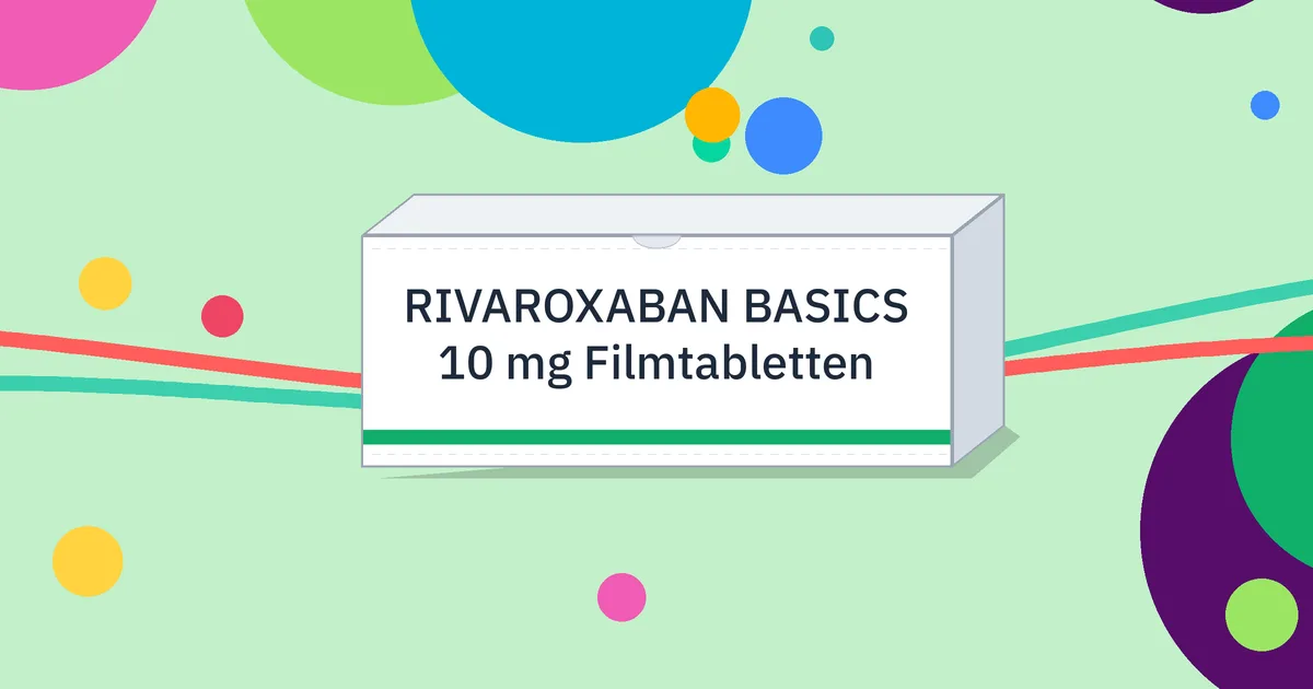 Symbolbild: Packung mit der Aufschrift RIVAROXABAN BASICS 10 mg Filmtabletten (PZN 18838979) – Verfügbarkeit und Bezug in Apotheken in Frankfurt am Main