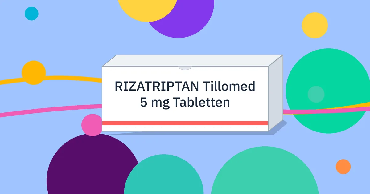 Symbolbild: Packung mit der Aufschrift RIZATRIPTAN Tillomed 5 mg Tabletten (PZN 13168936) – Verfügbarkeit und Bezug in Apotheken in Frankfurt am Main