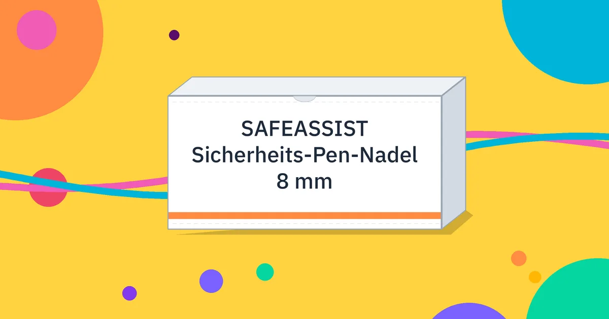 Symbolbild: Packung mit der Aufschrift SAFEASSIST Sicherheits-Pen-Nadel 8 mm (PZN 20539988) – Verfügbarkeit und Bezug in Apotheken in Frankfurt am Main