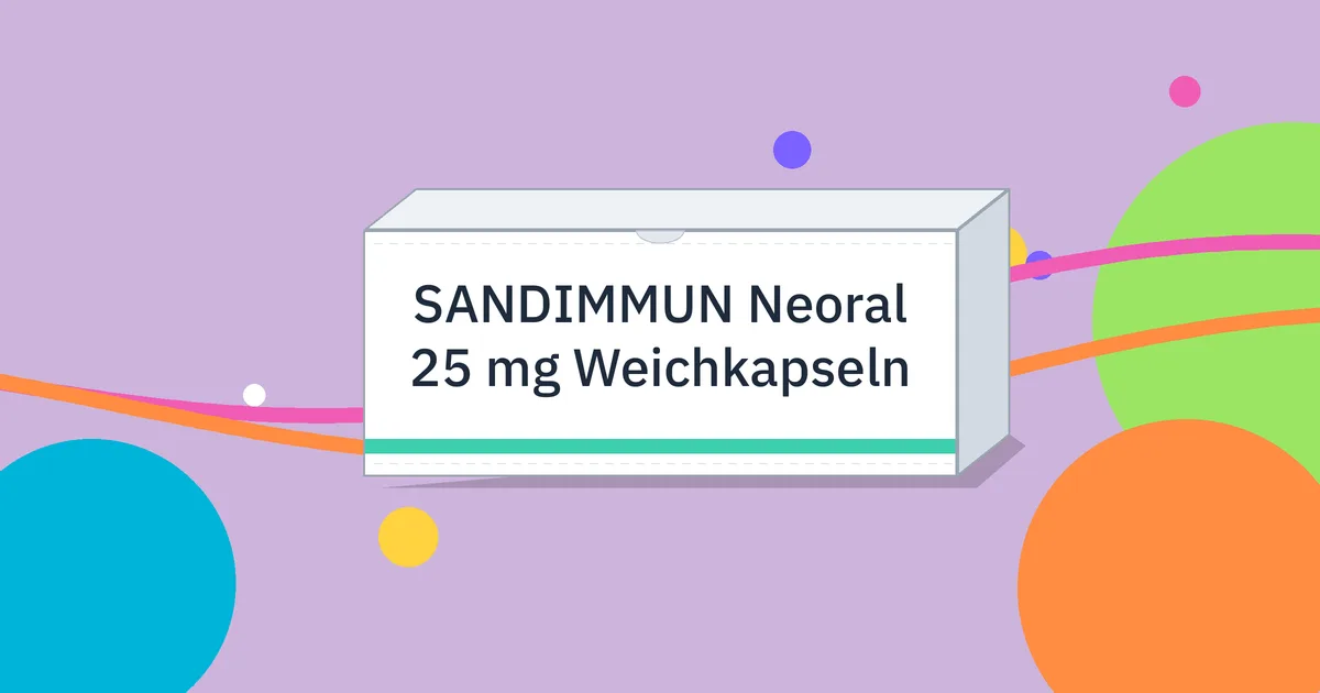 Symbolbild: Packung mit der Aufschrift SANDIMMUN Neoral 25 mg Weichkapseln (PZN 08763890) – Verfügbarkeit und Bezug in Apotheken in Frankfurt am Main