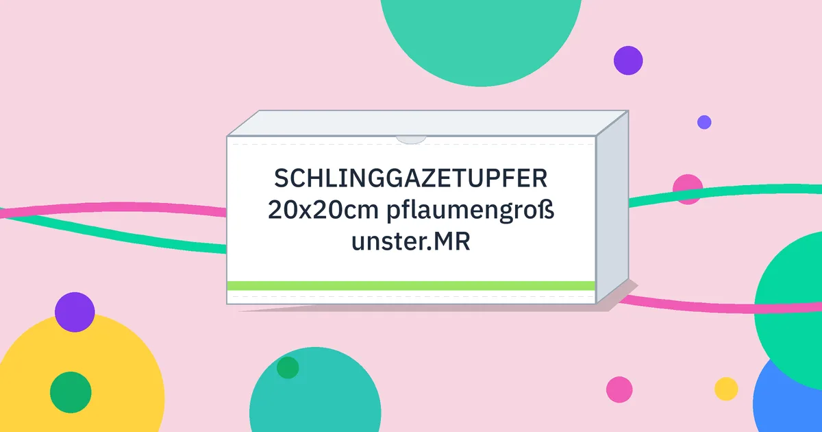 Symbolbild: Packung mit der Aufschrift SCHLINGGAZETUPFER 20x20cm pflaumengroß unster.MR (PZN 09946173) – Verfügbarkeit und Bezug in Apotheken in Frankfurt am Main