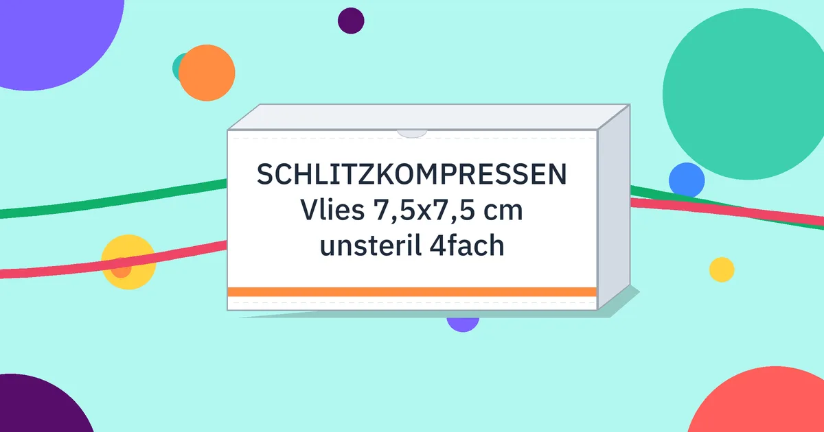 Symbolbild: Packung mit der Aufschrift SCHLITZKOMPRESSEN Vlies 7,5x7,5 cm unsteril 4fach (PZN 01330774) – Verfügbarkeit und Bezug in Apotheken in Frankfurt am Main