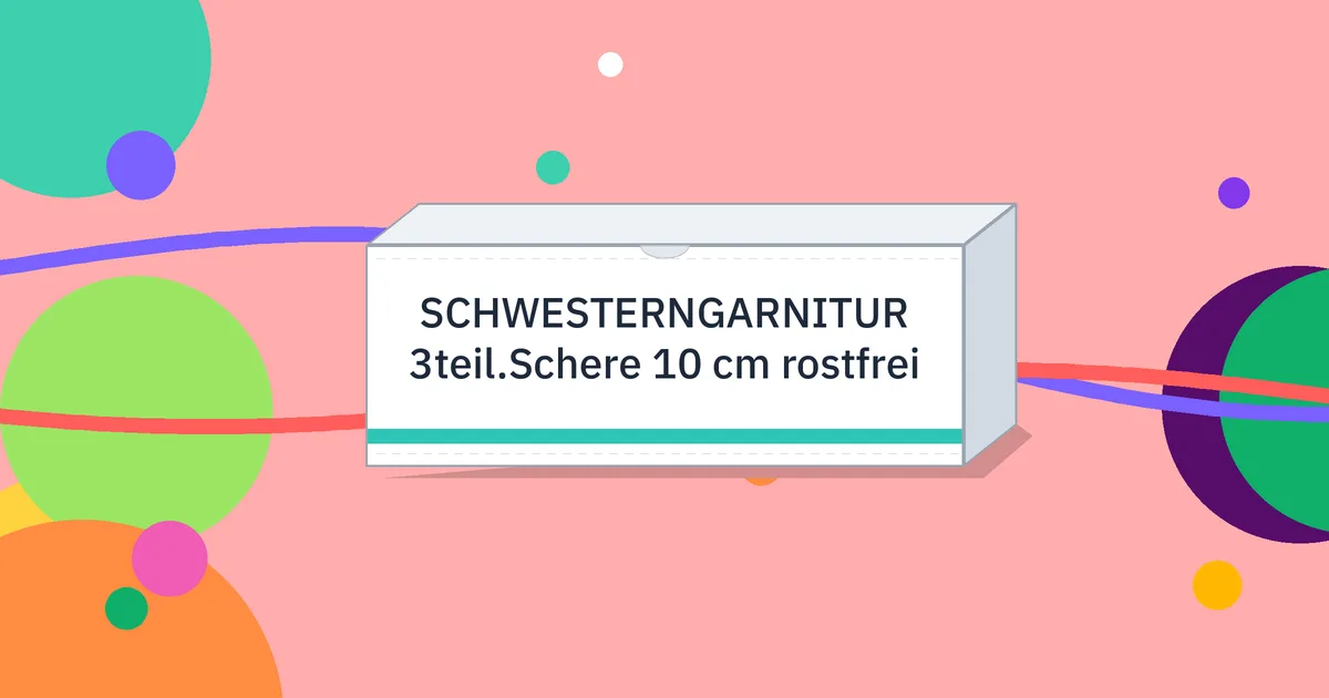 Symbolbild: Packung mit der Aufschrift SCHWESTERNGARNITUR 3teil.Schere 10 cm rostfrei (PZN 00523666) – Verfügbarkeit und Bezug in Apotheken in Frankfurt am Main