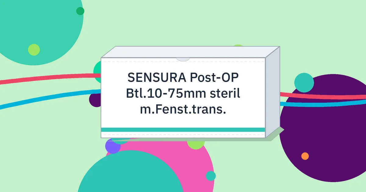 Symbolbild: Packung mit der Aufschrift SENSURA Post-OP Btl.10-75mm steril m.Fenst.trans. (PZN 07790666) – Verfügbarkeit und Bezug in Apotheken in Frankfurt am Main