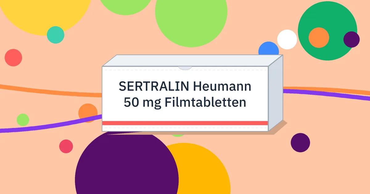 Symbolbild: Packung mit der Aufschrift SERTRALIN Heumann 50 mg Filmtabletten (PZN 03887601) – Verfügbarkeit und Bezug in Apotheken in Frankfurt am Main