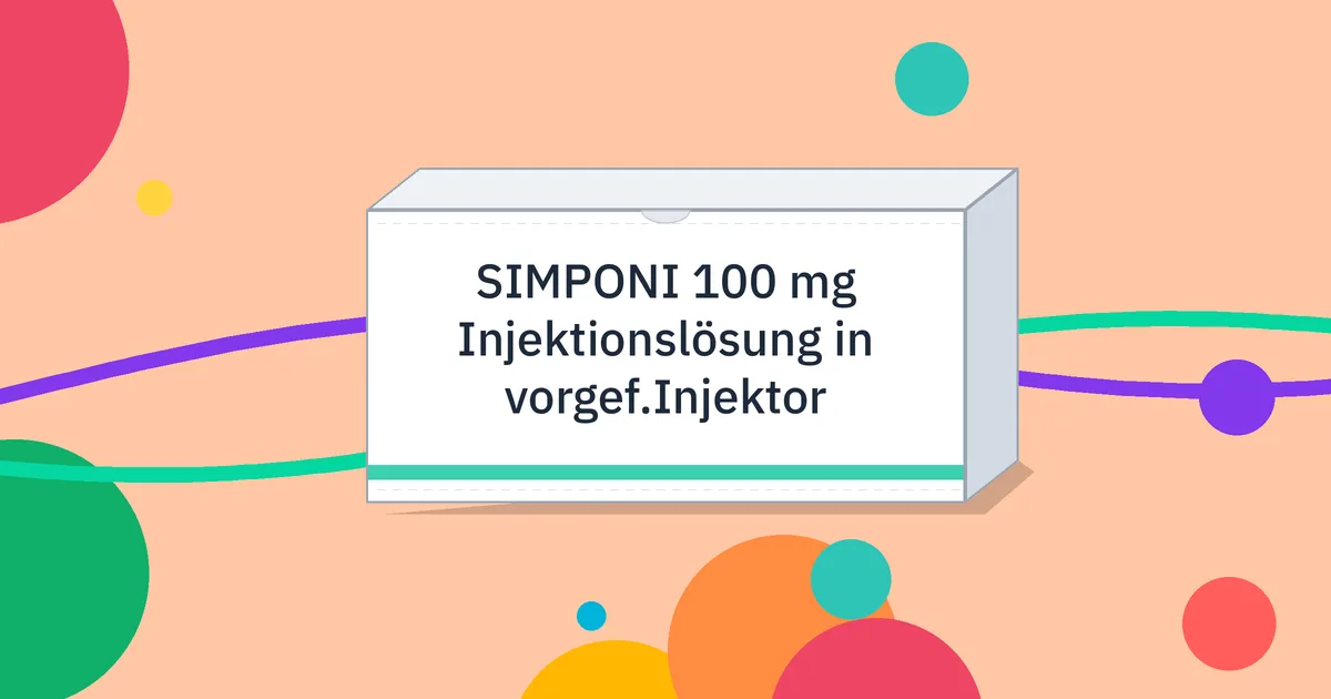 Symbolbild: Packung mit der Aufschrift SIMPONI 100 mg Injektionslösung in vorgef.Injektor (PZN 19284655) – Verfügbarkeit und Bezug in Apotheken in Frankfurt am Main