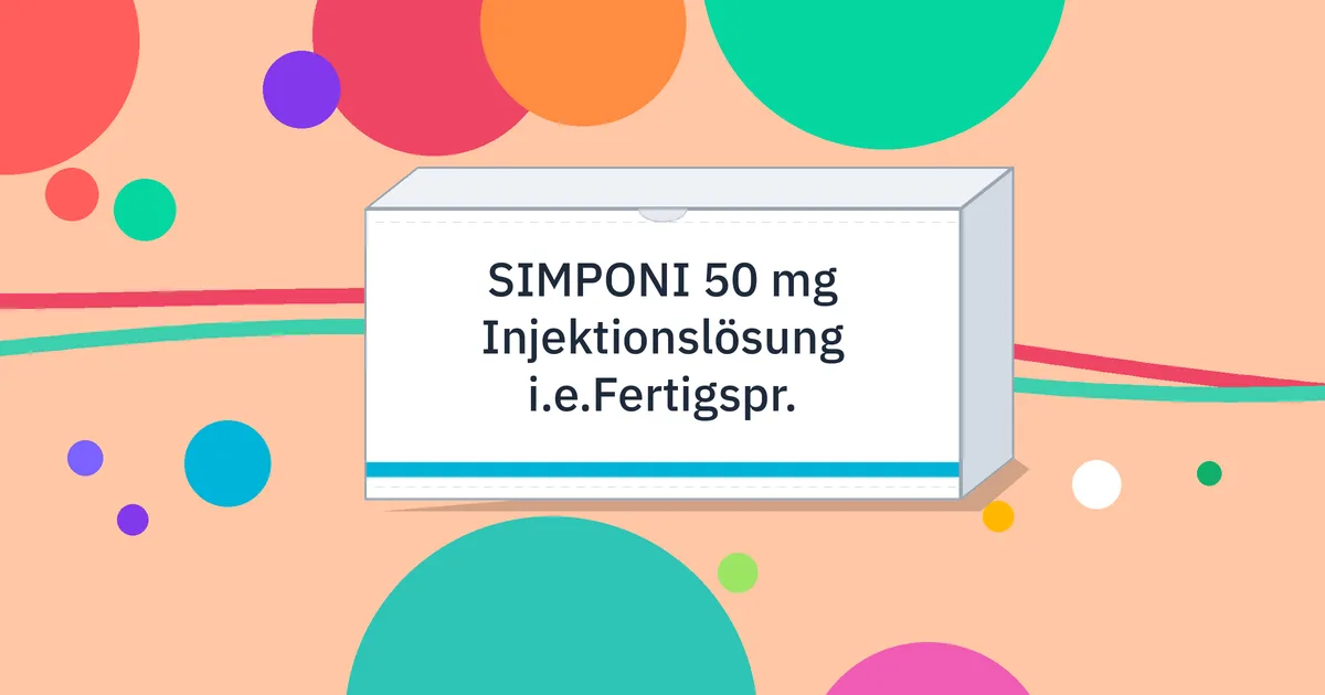 Symbolbild: Packung mit der Aufschrift SIMPONI 50 mg Injektionslösung i.e.Fertigspr. (PZN 13566938) – Verfügbarkeit und Bezug in Apotheken in Frankfurt am Main