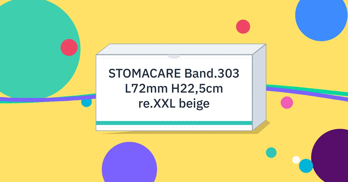 Symbolbild: Packung mit der Aufschrift STOMACARE Band.303 L72mm H22,5cm re.XXL beige (PZN 10840333) – Verfügbarkeit und Bezug in Apotheken in Frankfurt am Main