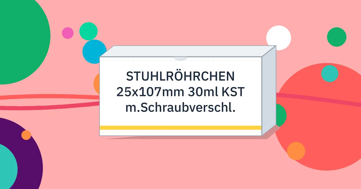 Symbolbild: Packung mit der Aufschrift STUHLRÖHRCHEN 25x107mm 30ml KST m.Schraubverschl. (PZN 09729056) – Verfügbarkeit und Bezug in Apotheken in Frankfurt am Main