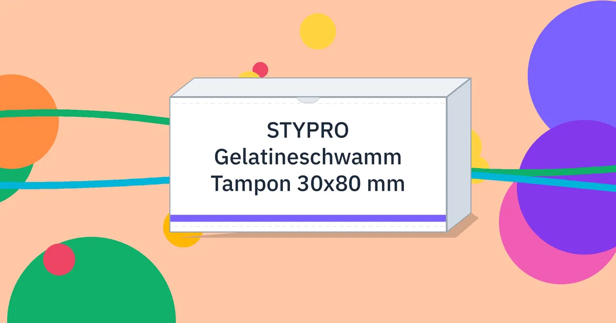 Symbolbild: Packung mit der Aufschrift STYPRO Gelatineschwamm Tampon 30x80 mm (PZN 00104231) – Verfügbarkeit und Bezug in Apotheken in Frankfurt am Main