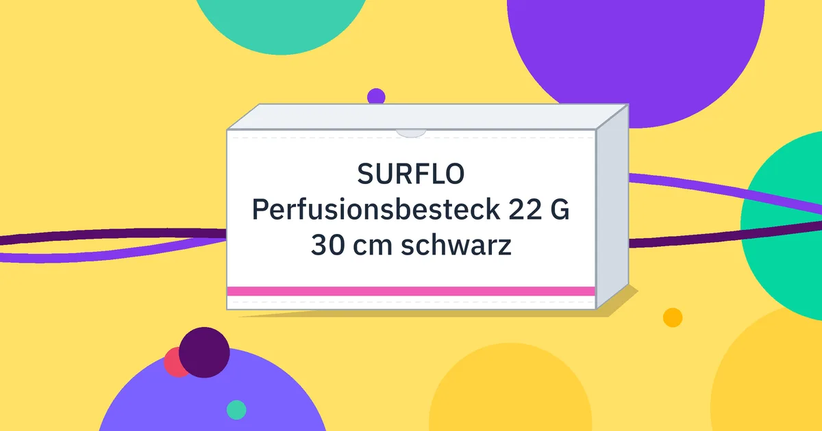 Symbolbild: Packung mit der Aufschrift SURFLO Perfusionsbesteck 22 G 30 cm schwarz (PZN 05866282) – Verfügbarkeit und Bezug in Apotheken in Frankfurt am Main