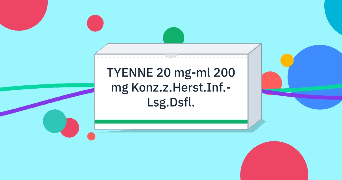 Symbolbild: Packung mit der Aufschrift TYENNE 20 mg-ml 200 mg Konz.z.Herst.Inf.-Lsg.Dsfl. (PZN 19507078) – Verfügbarkeit und Bezug in Apotheken in Frankfurt am Main