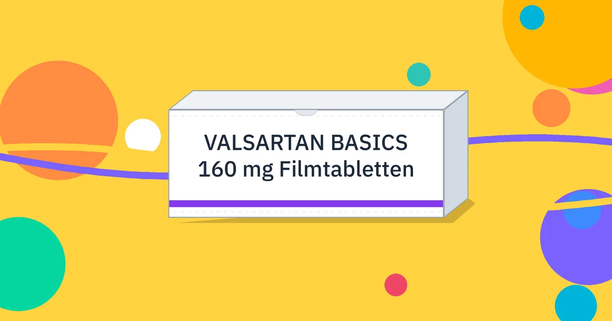 Symbolbild: Packung mit der Aufschrift VALSARTAN BASICS 160 mg Filmtabletten (PZN 08471845) – Verfügbarkeit und Bezug in Apotheken in Frankfurt am Main
