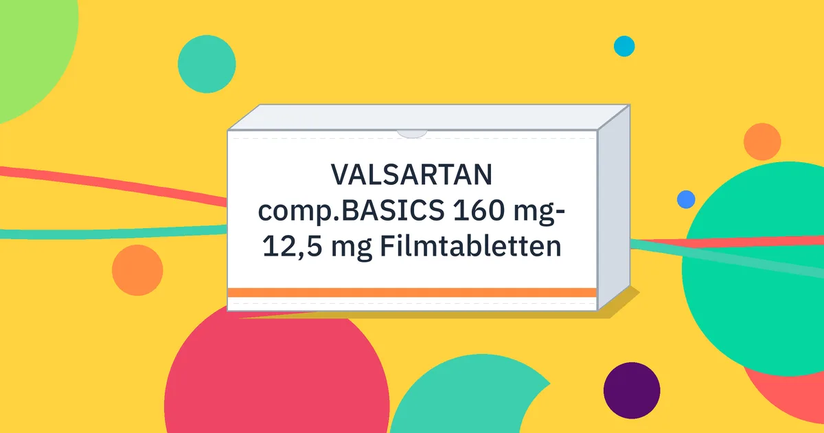 Symbolbild: Packung mit der Aufschrift VALSARTAN comp.BASICS 160 mg-12,5 mg Filmtabletten (PZN 07762121) – Verfügbarkeit und Bezug in Apotheken in Frankfurt am Main