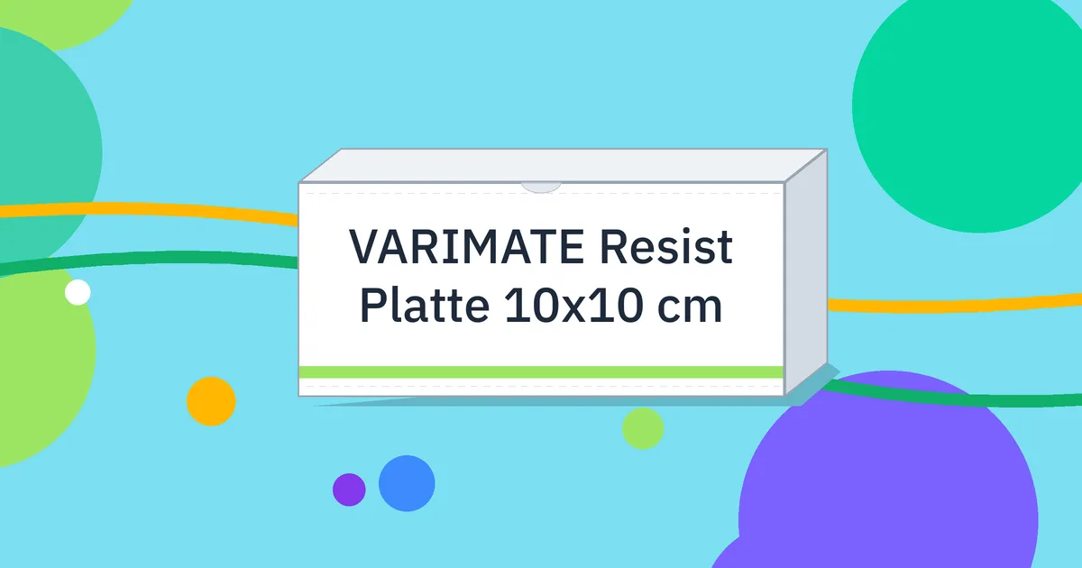 Symbolbild: Packung mit der Aufschrift VARIMATE Resist Platte 10x10 cm (PZN 02788498) – Verfügbarkeit und Bezug in Apotheken in Frankfurt am Main