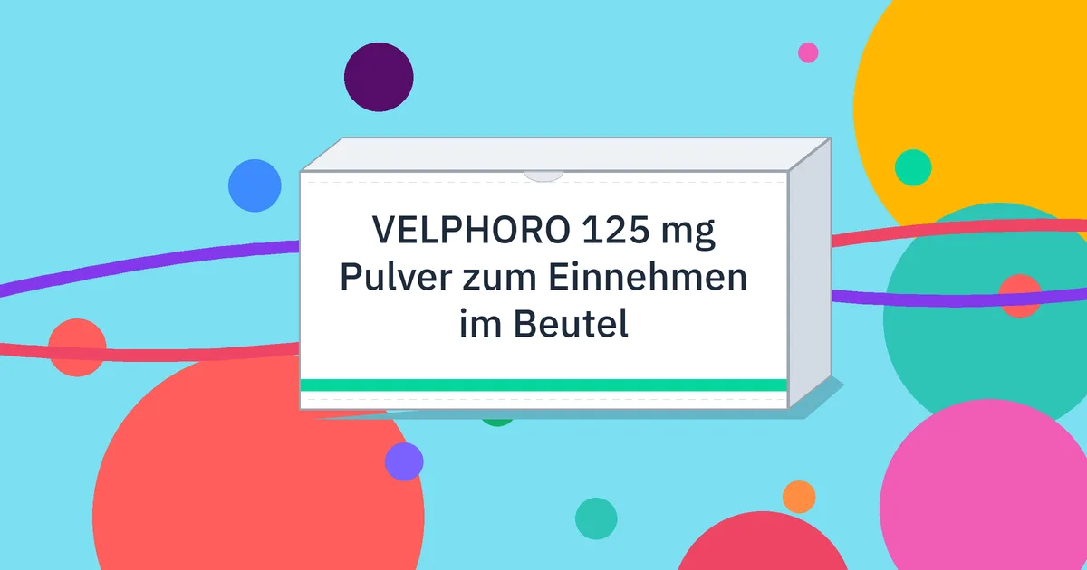 Symbolbild: Packung mit der Aufschrift VELPHORO 125 mg Pulver zum Einnehmen im Beutel (PZN 17590477) – Verfügbarkeit und Bezug in Apotheken in Frankfurt am Main
