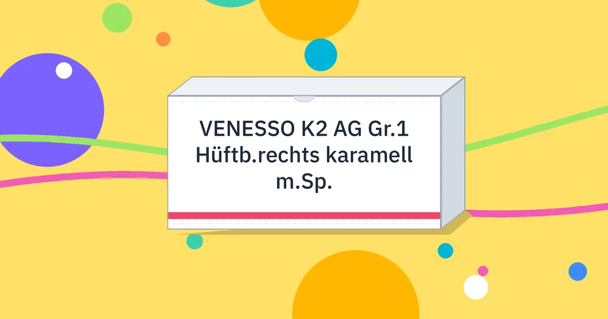Symbolbild: Packung mit der Aufschrift VENESSO K2 AG Gr.1 Hüftb.rechts karamell m.Sp. (PZN 13761522) – Verfügbarkeit und Bezug in Apotheken in Frankfurt am Main