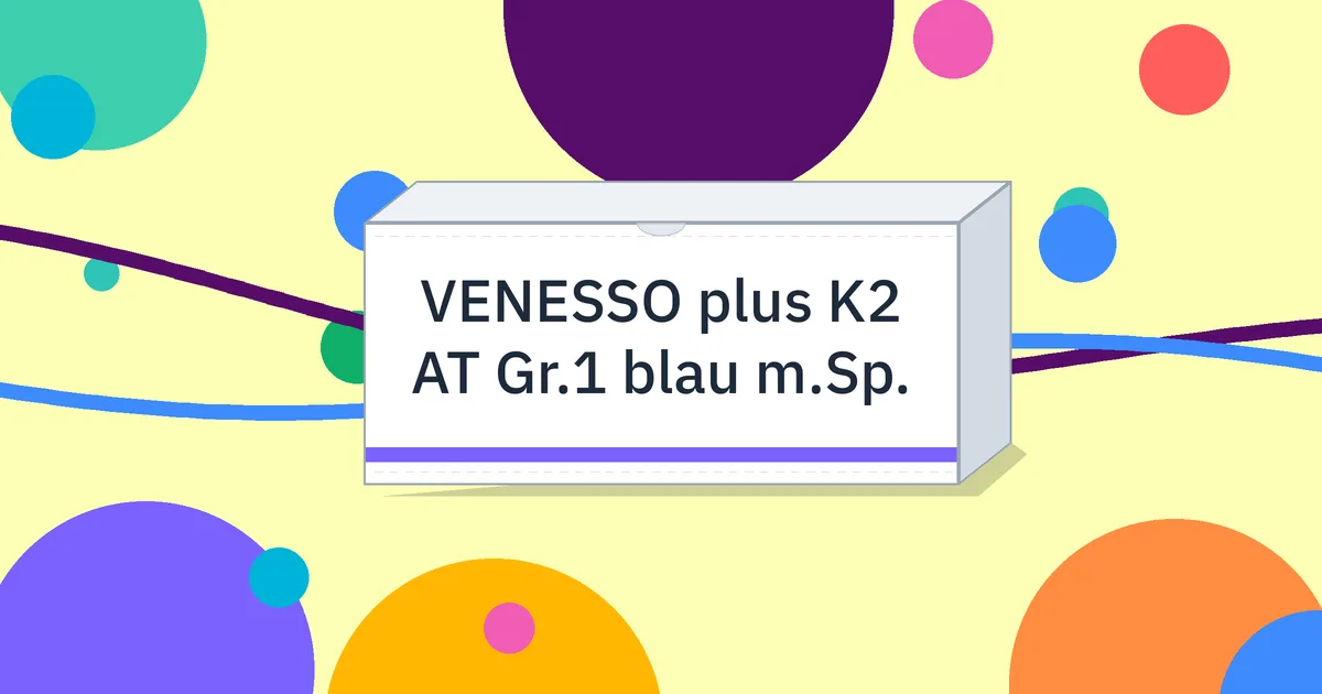 Symbolbild: Packung mit der Aufschrift VENESSO plus K2 AT Gr.1 blau m.Sp. (PZN 03287568) – Verfügbarkeit und Bezug in Apotheken in Frankfurt am Main