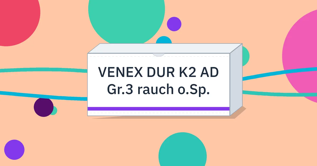 Symbolbild: Packung mit der Aufschrift VENEX DUR K2 AD Gr.3 rauch o.Sp. (PZN 03210749) – Verfügbarkeit und Bezug in Apotheken in Frankfurt am Main