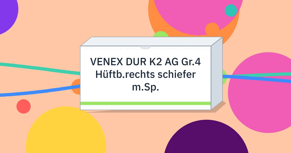 Symbolbild: Packung mit der Aufschrift VENEX DUR K2 AG Gr.4 Hüftb.rechts schiefer m.Sp. (PZN 03229080) – Verfügbarkeit und Bezug in Apotheken in Frankfurt am Main