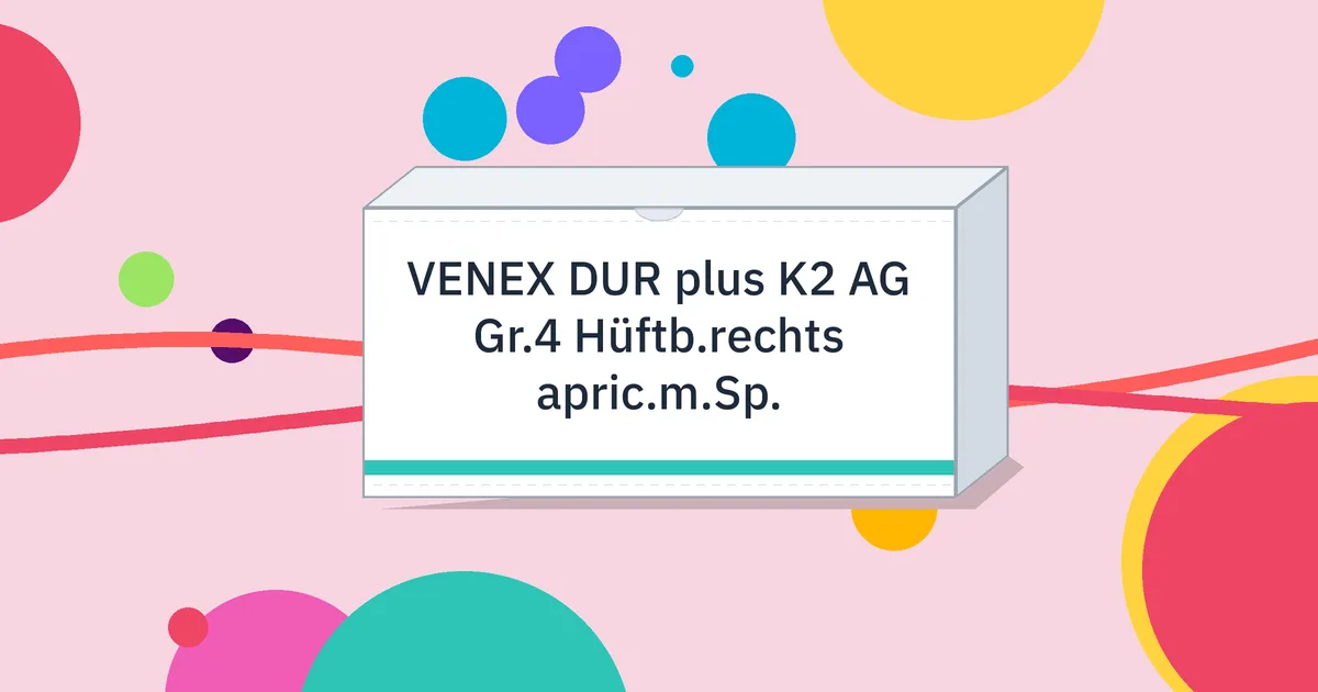 Symbolbild: Packung mit der Aufschrift VENEX DUR plus K2 AG Gr.4 Hüftb.rechts apric.m.Sp. (PZN 03237866) – Verfügbarkeit und Bezug in Apotheken in Frankfurt am Main