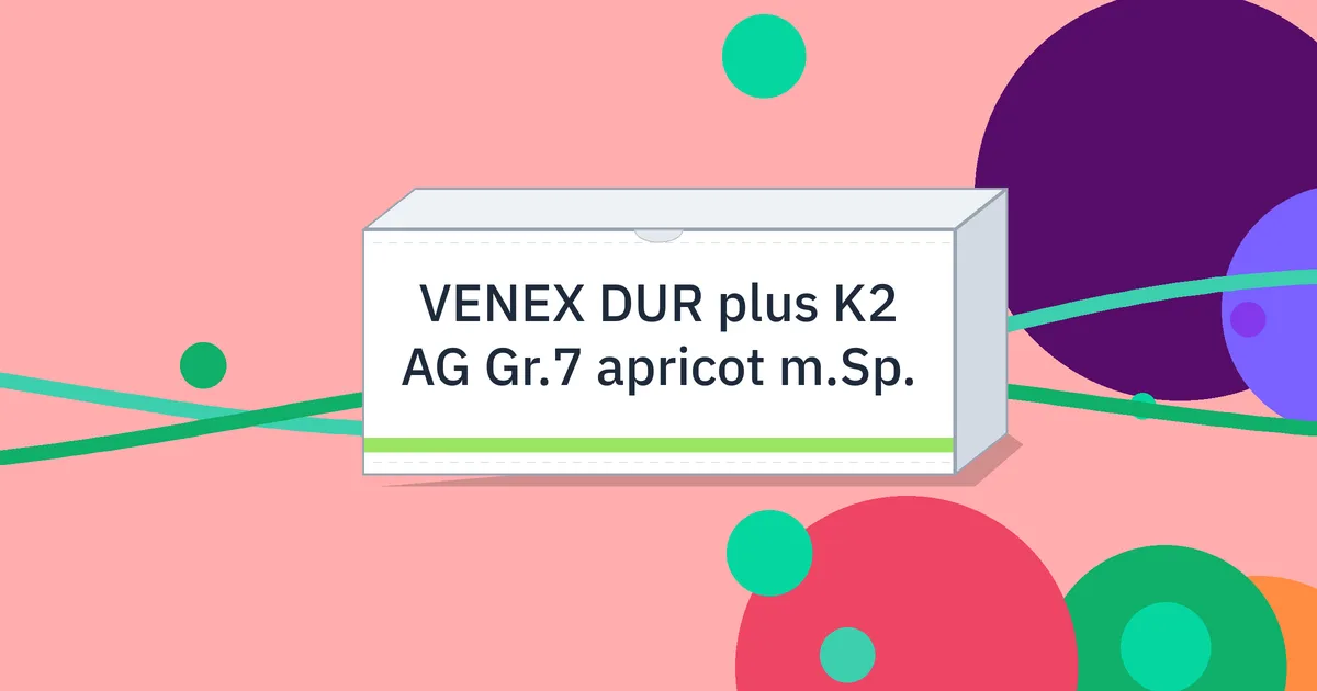 Symbolbild: Packung mit der Aufschrift VENEX DUR plus K2 AG Gr.7 apricot m.Sp. (PZN 03235330) – Verfügbarkeit und Bezug in Apotheken in Frankfurt am Main