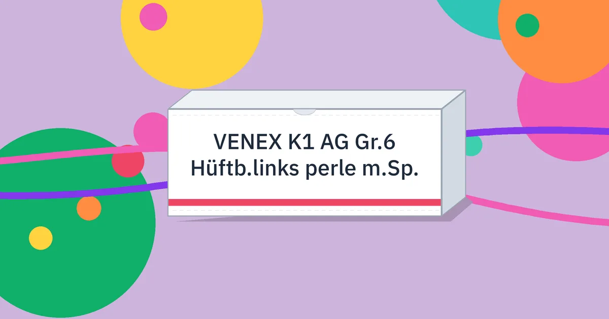 Symbolbild: Packung mit der Aufschrift VENEX K1 AG Gr.6 Hüftb.links perle m.Sp. (PZN 03199746) – Verfügbarkeit und Bezug in Apotheken in Frankfurt am Main