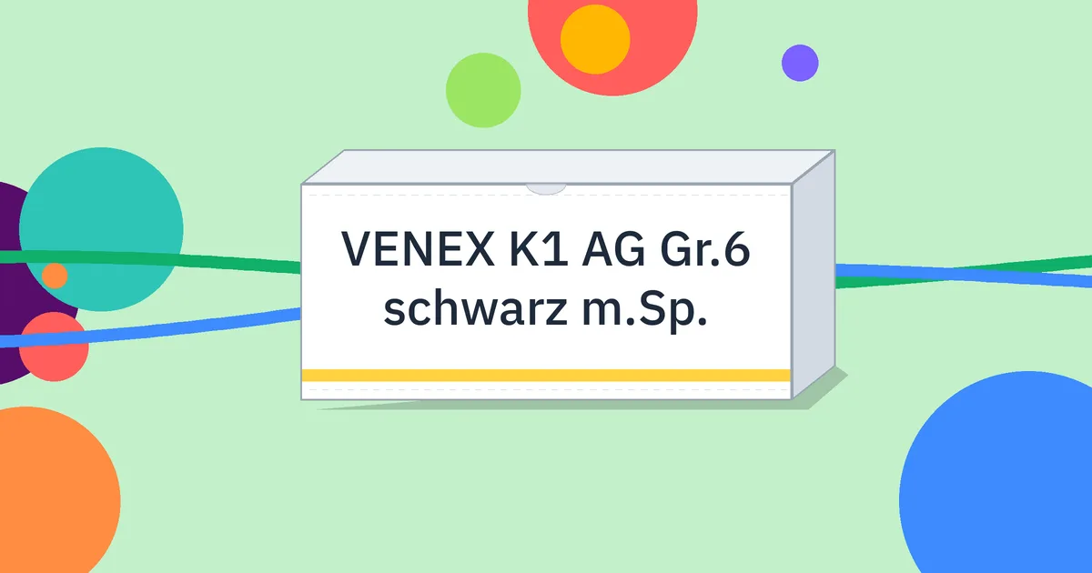 Symbolbild: Packung mit der Aufschrift VENEX K1 AG Gr.6 schwarz m.Sp. (PZN 03187973) – Verfügbarkeit und Bezug in Apotheken in Frankfurt am Main